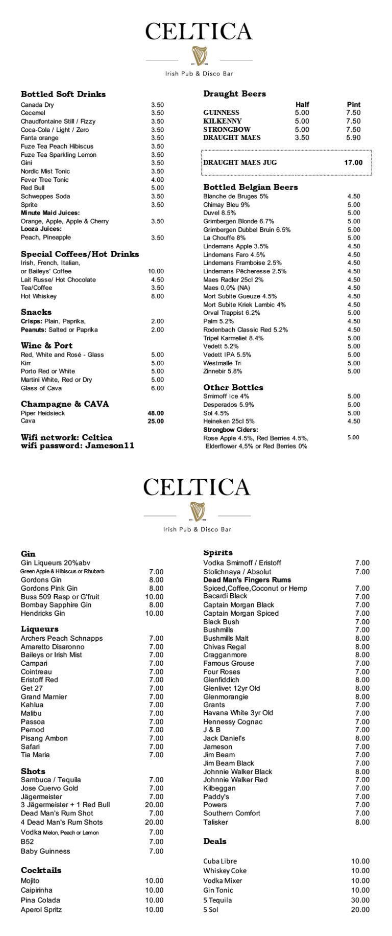 Menu | Celtica Irish Pub Brussels