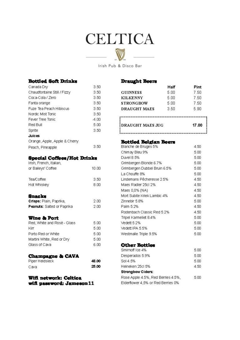Menu | Celtica Irish Pub Brussels